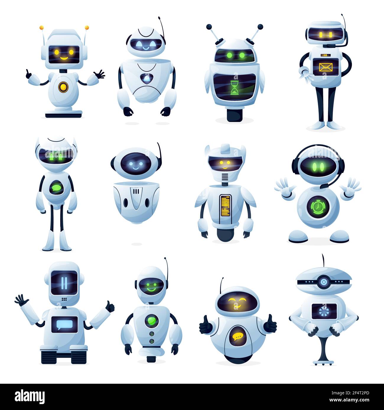 Robots and chatbots, AI bots characters, vector cartoon vector future mascots. Android robots ...