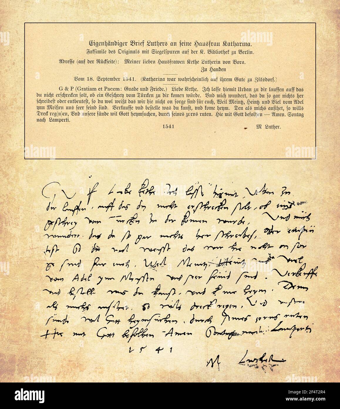 Original of a Martin Luther letter to the wife Katharina von Bora of ...