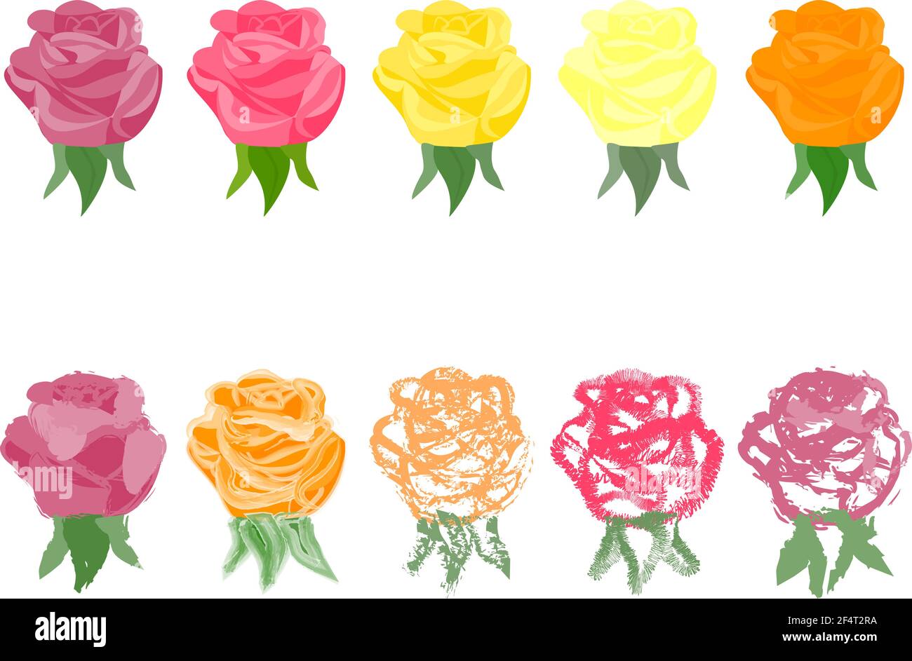 Set of various colored roses drawn in flat style, painting and ...