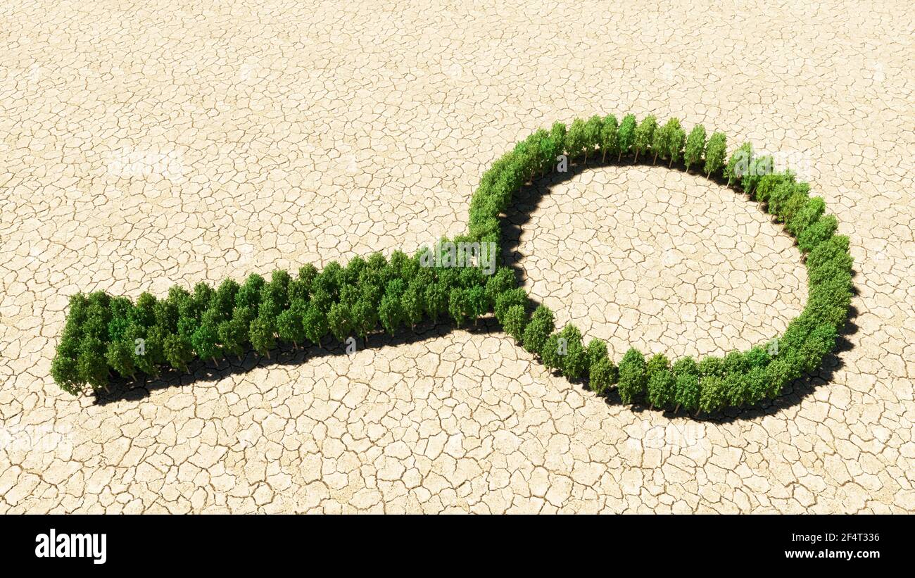 Concept or conceptual group of green forest tree on dry ground ...