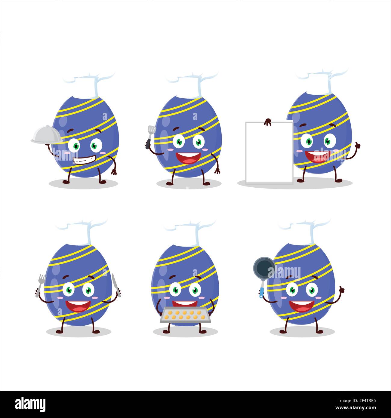 Cartoon character of blue easter egg with various chef emoticons ...