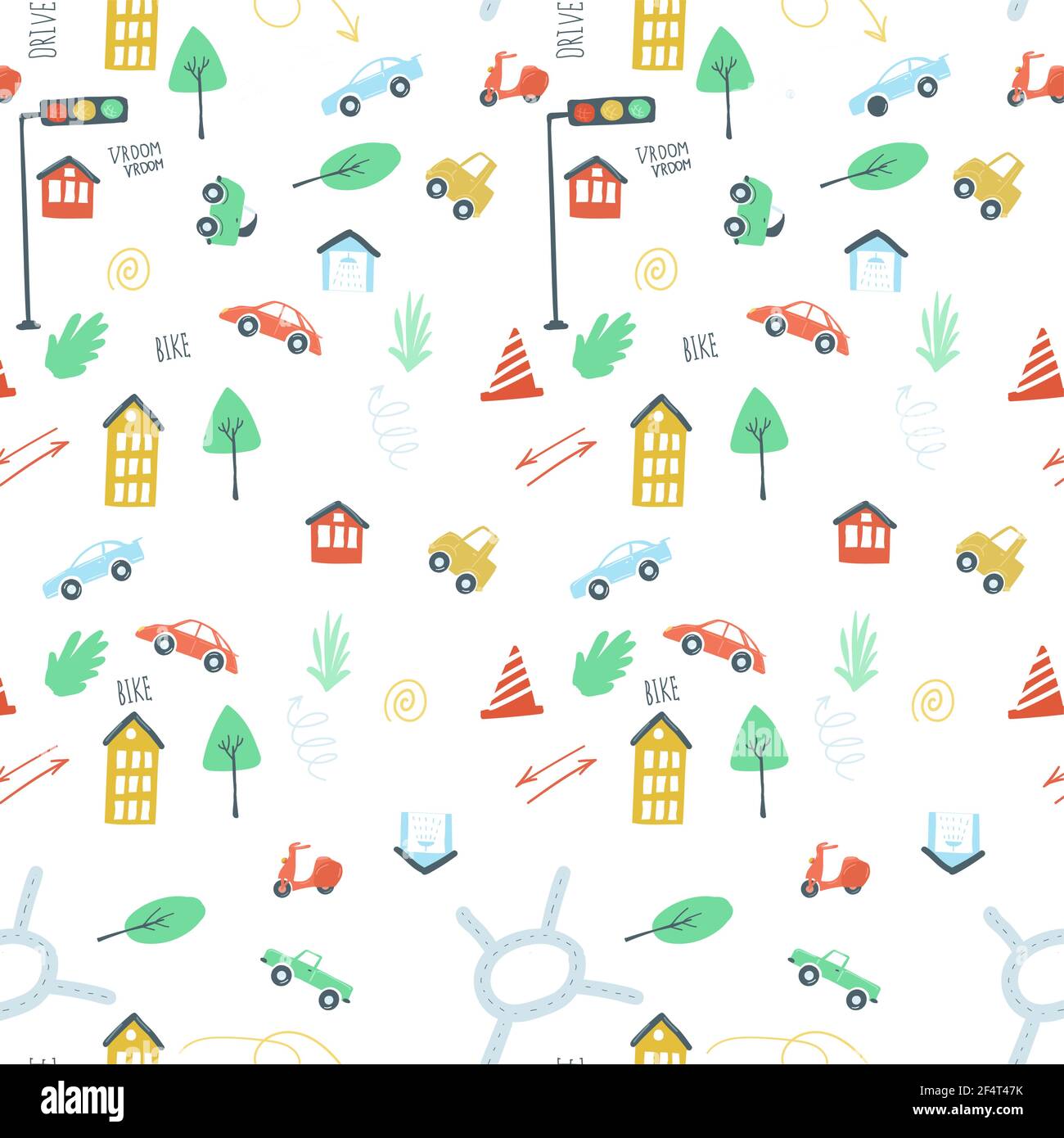 endless pattern set city cars traffic lights road. simple hand drawing ...