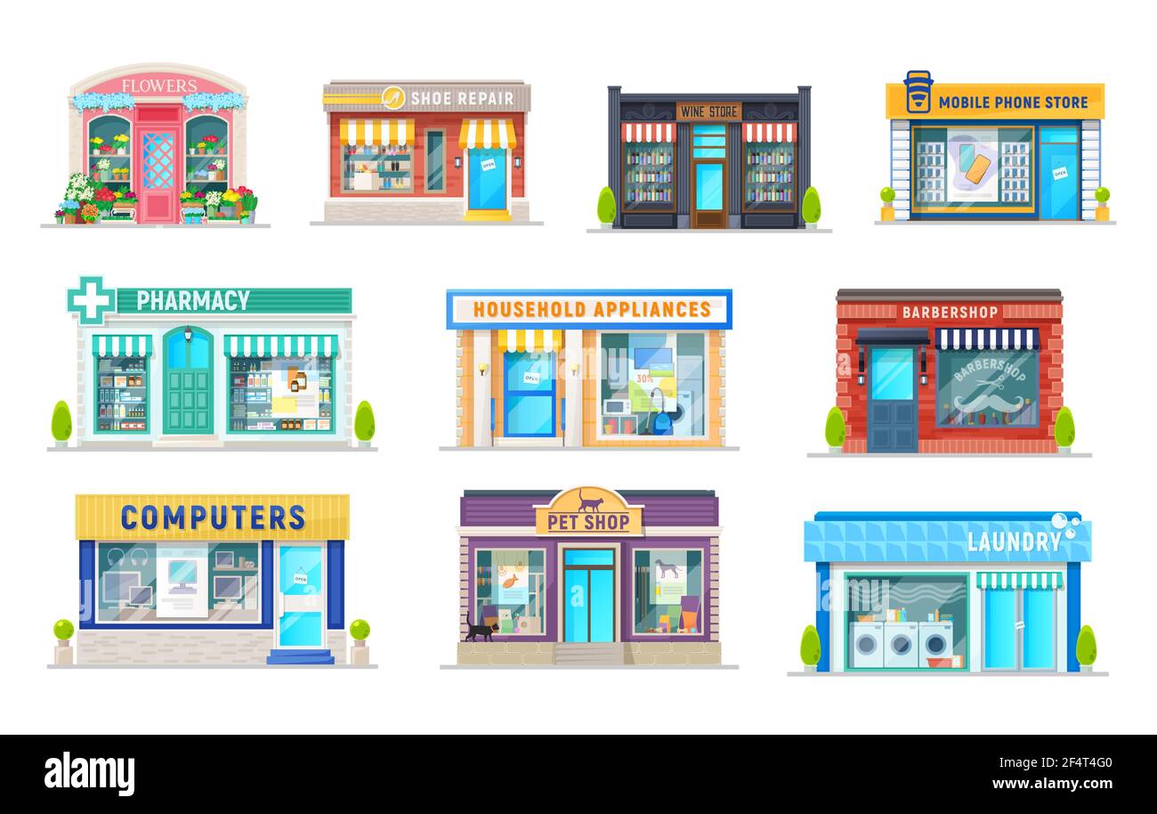Building of shop, store, pharmacy, laundry and barbershop isolated ...