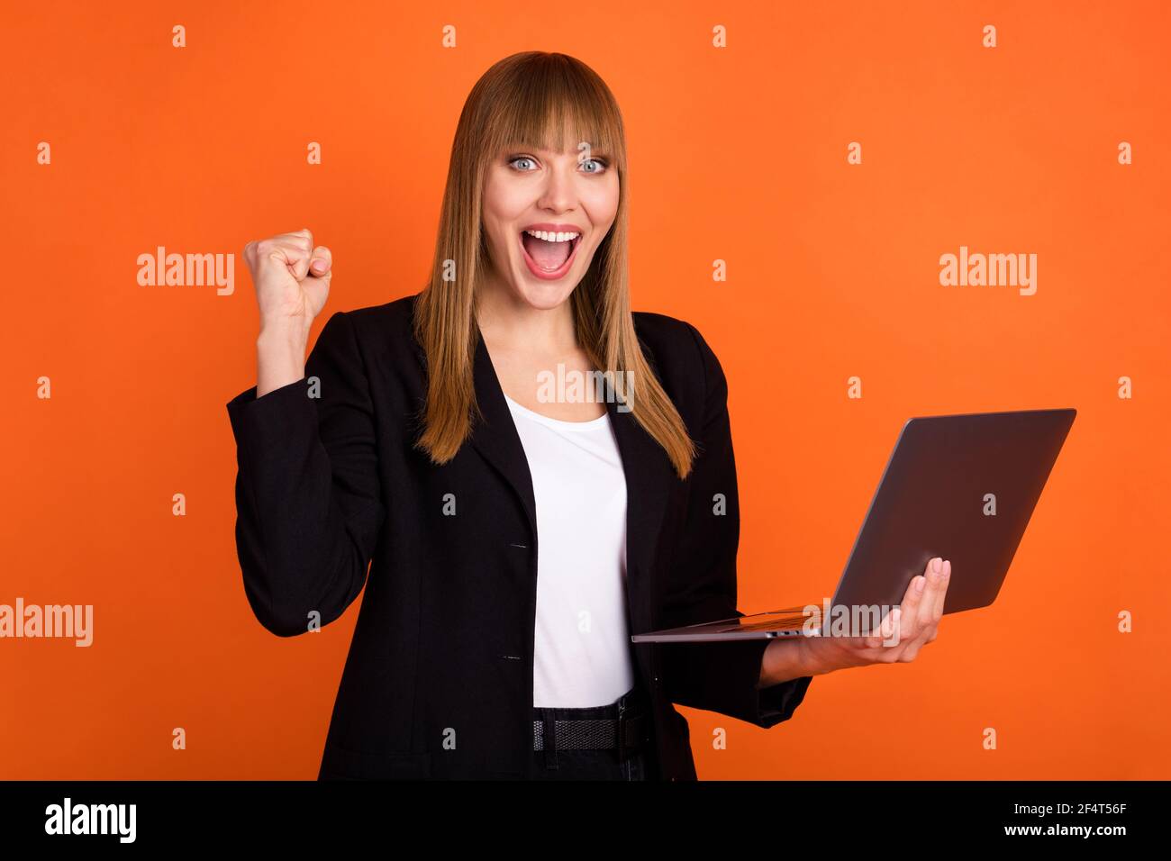 Portrait of attractive cheerful girl expert specialist using laptop ...