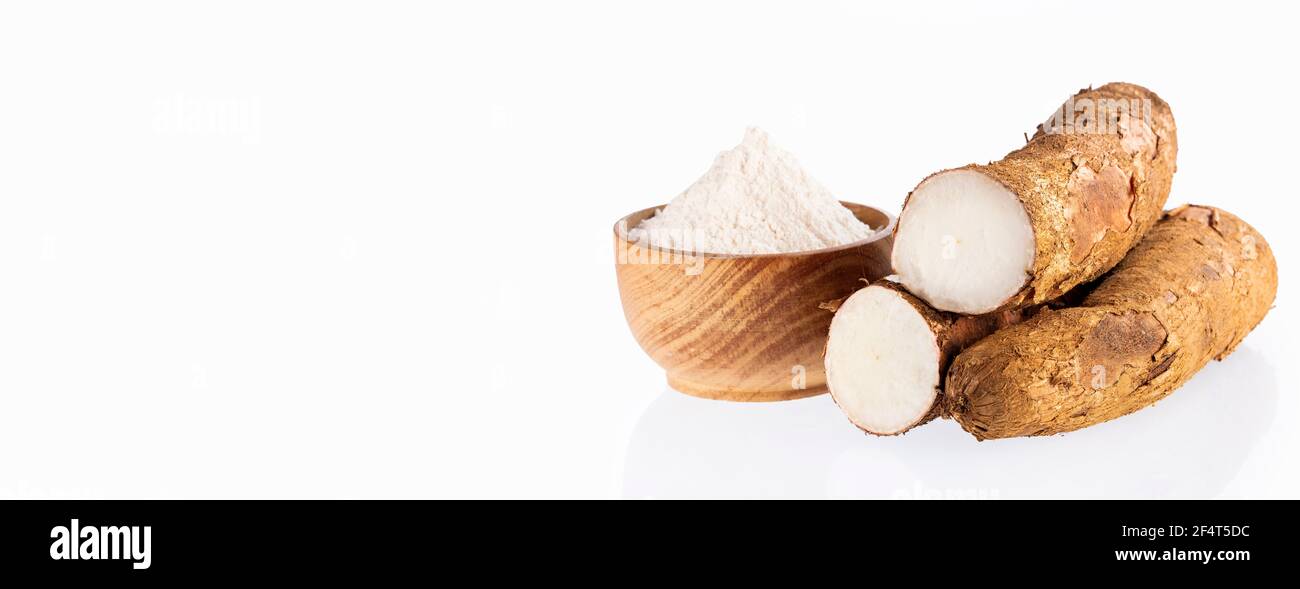 Raw cassava. Chunks and starch from Manihot esculenta Stock Photo - Alamy