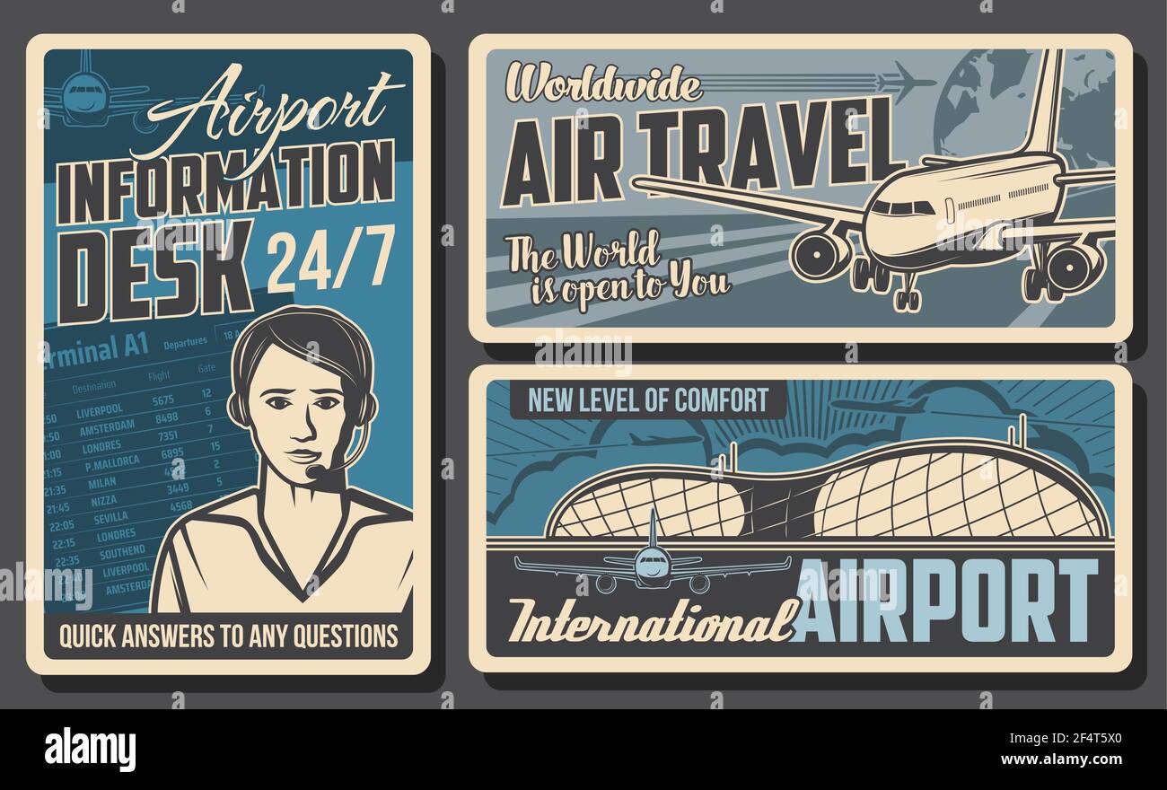 Airport information desk, airplane retro posters. Vector air traffic ...