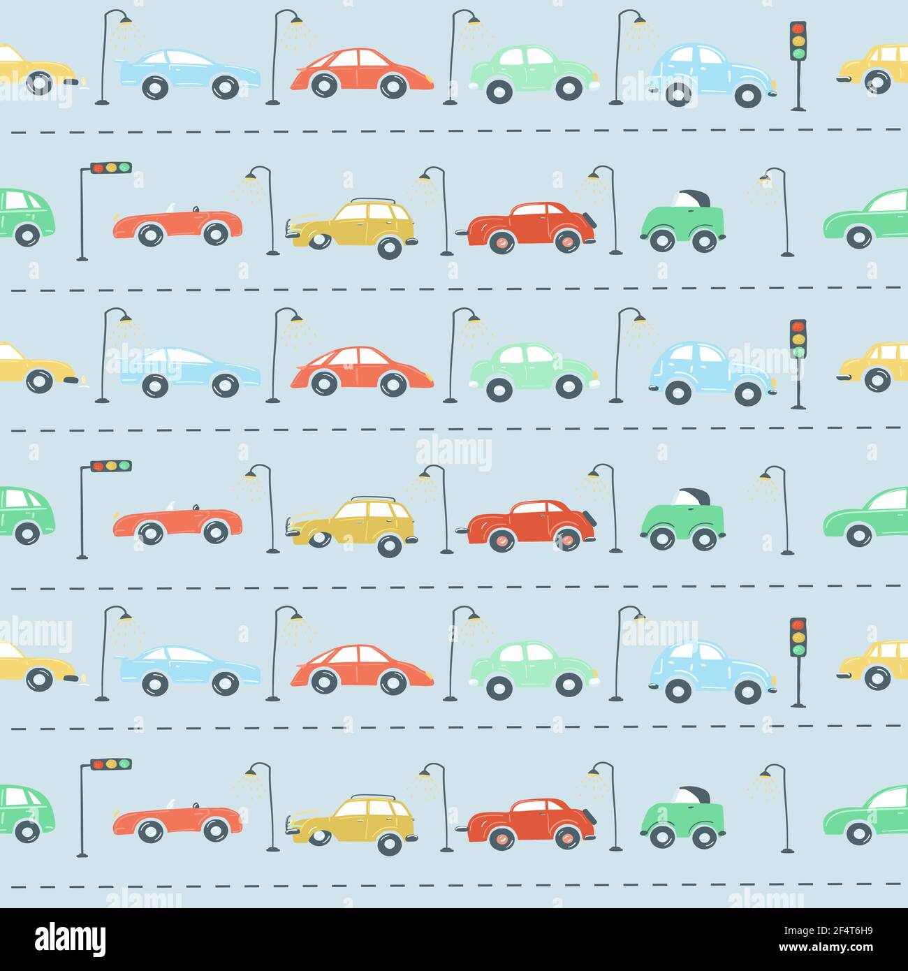 endless pattern set city cars traffic lights road. simple hand drawing ...
