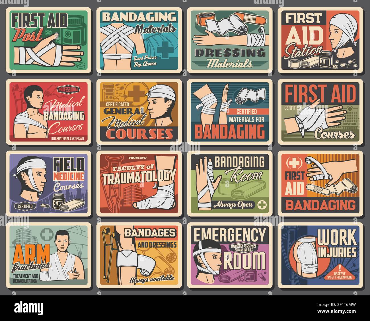First aid medical retro posters, trauma bandaging and injury emergency ...