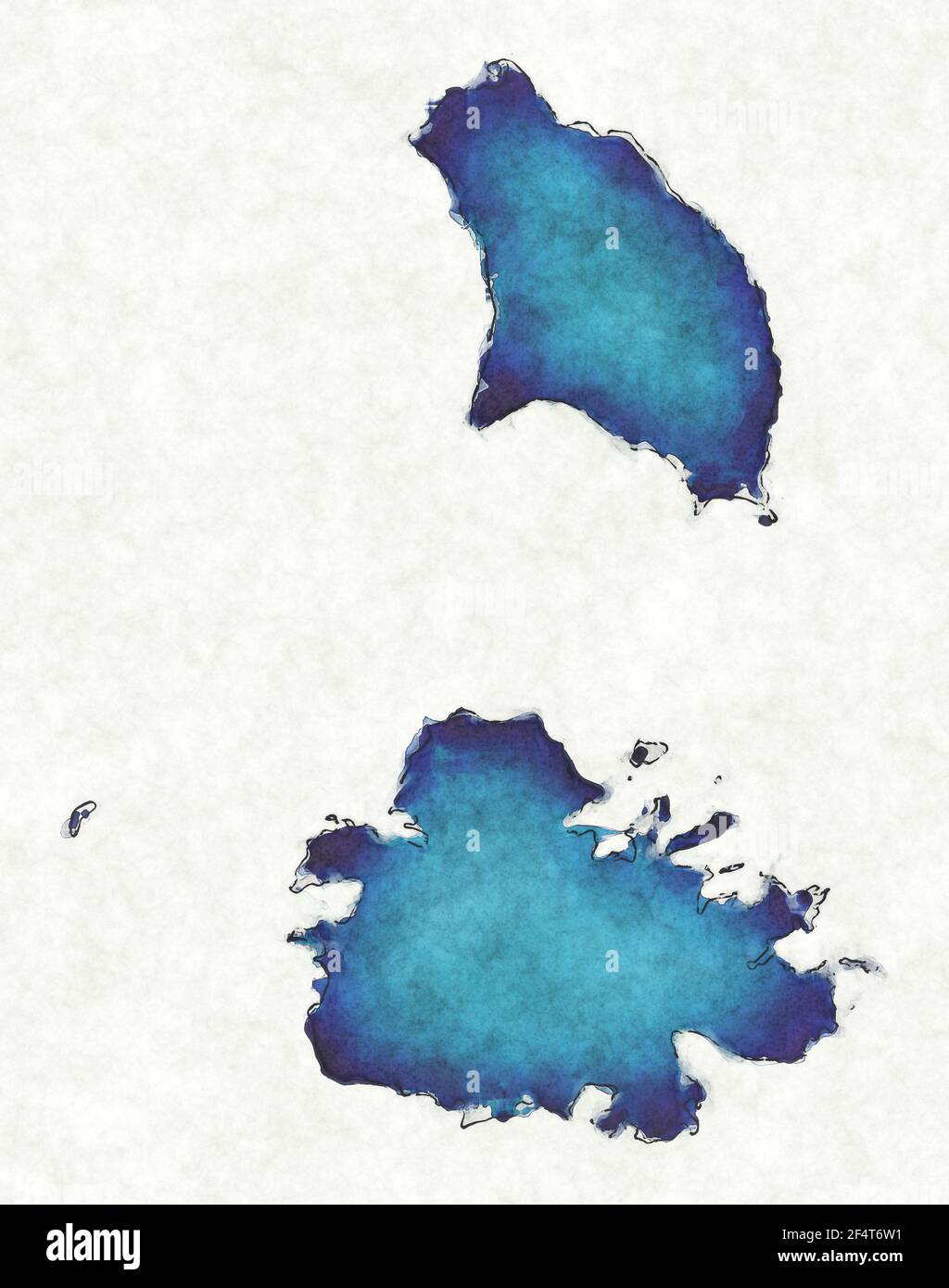 Antigua and Barbuda map with drawn lines and blue watercolor ...
