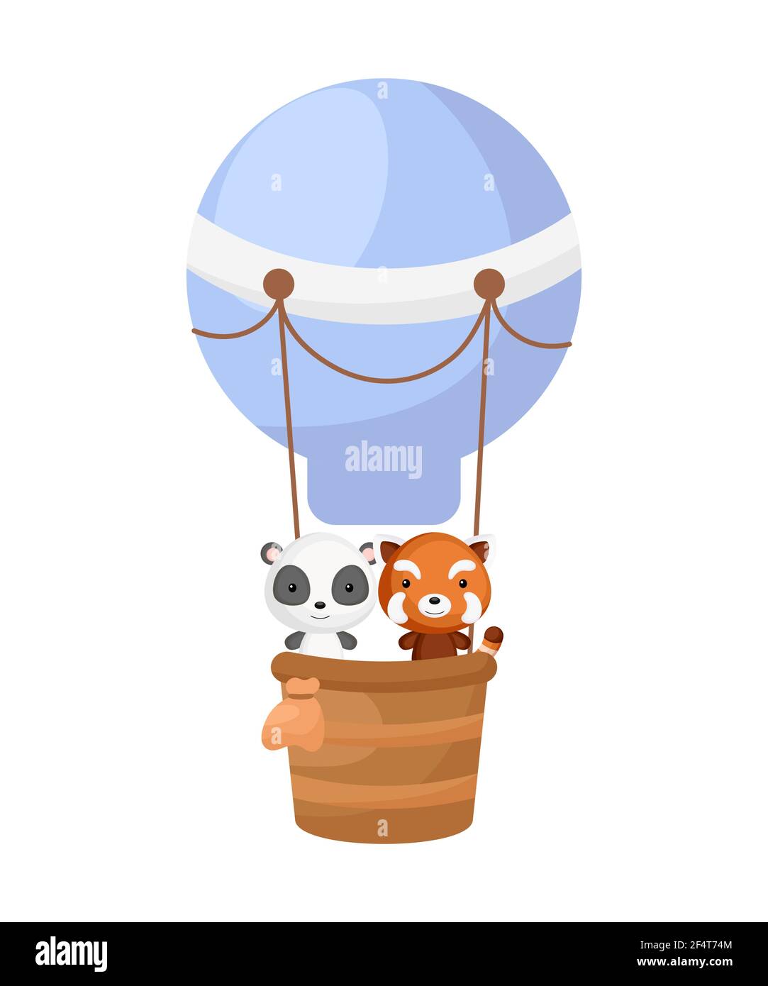 Cute little red panda, panda fly on blue hot air balloon. Cartoon ...