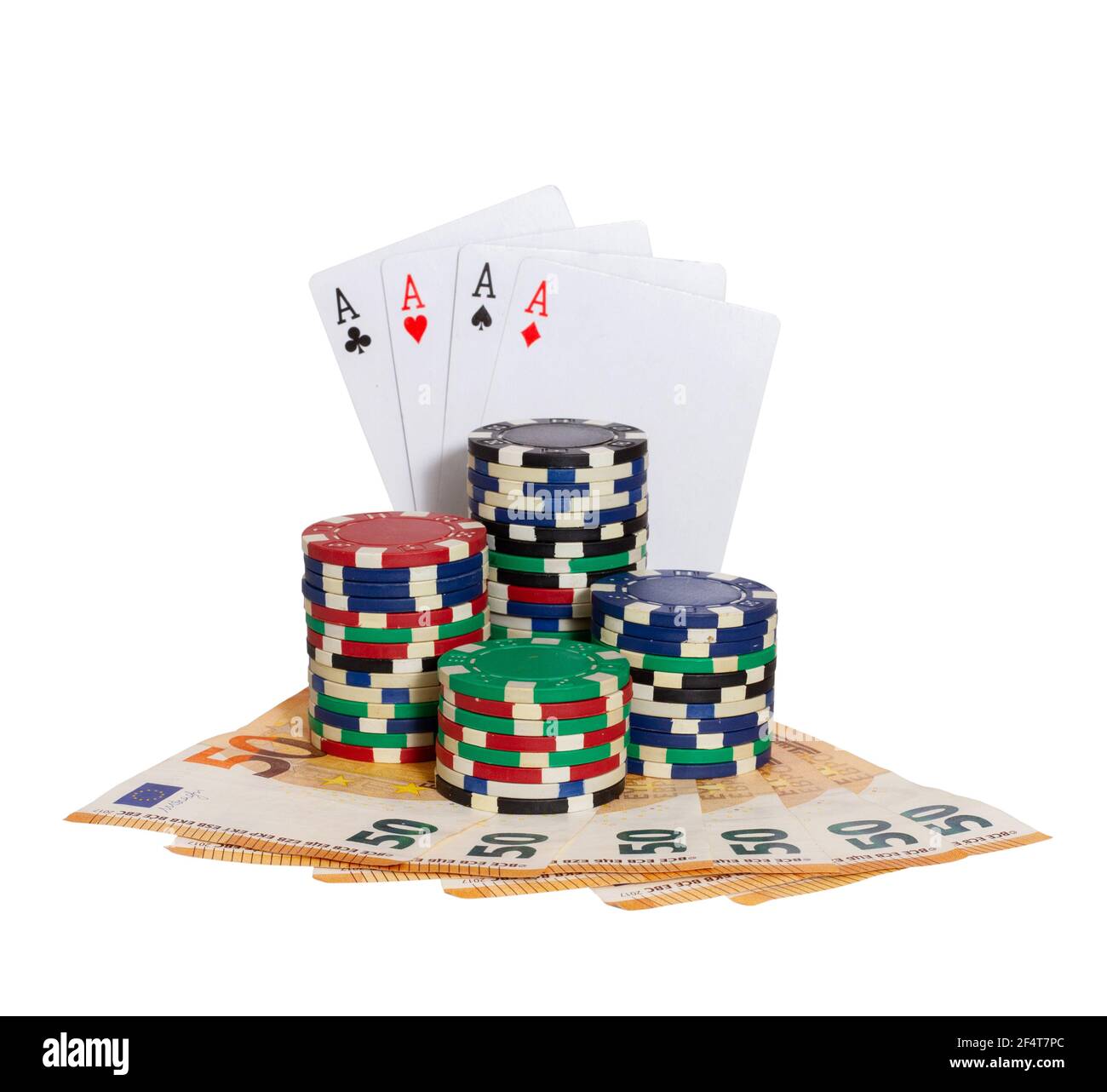 Closeup of 50 euro banknotes with four aces playing cards and poker ...