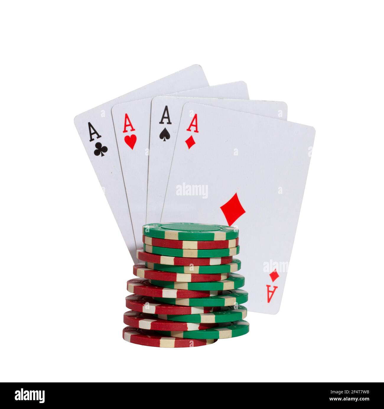 Closeup shot of four aces playing cards and poker chips isolated on ...