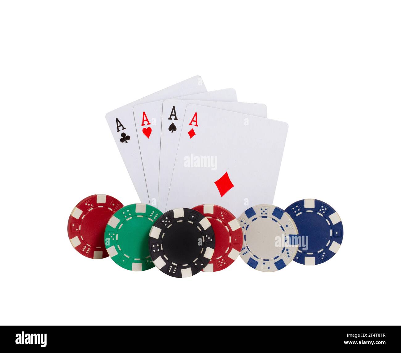 Closeup shot of four aces playing cards and poker chips isolated on ...