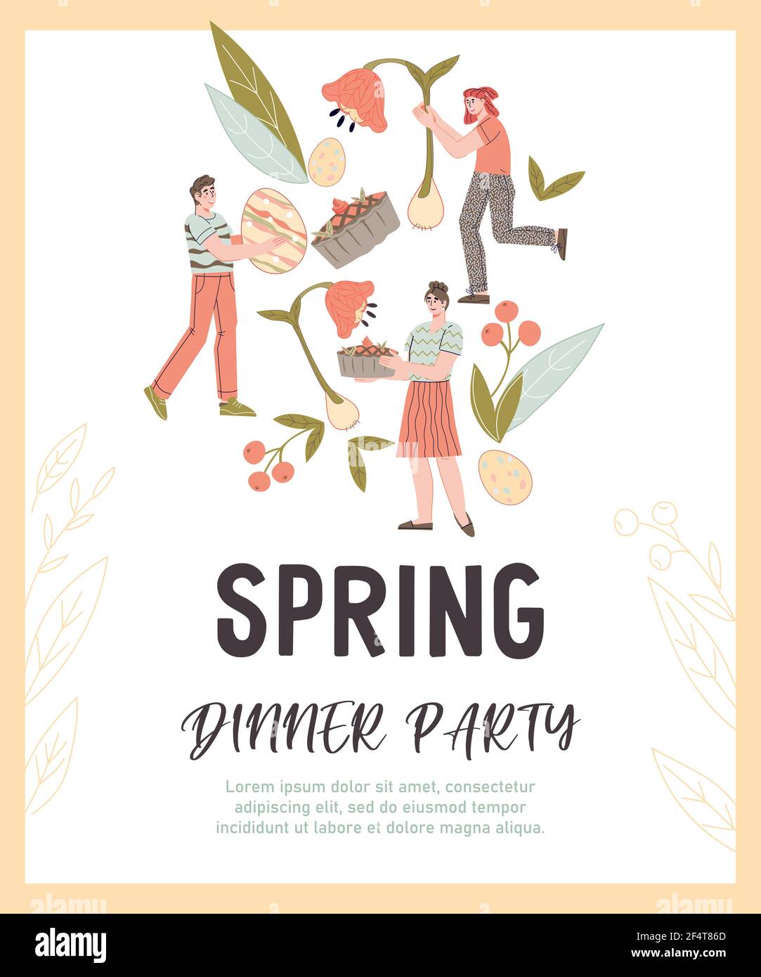 Spring dinner party invitation card or banner backdrop with people and ...