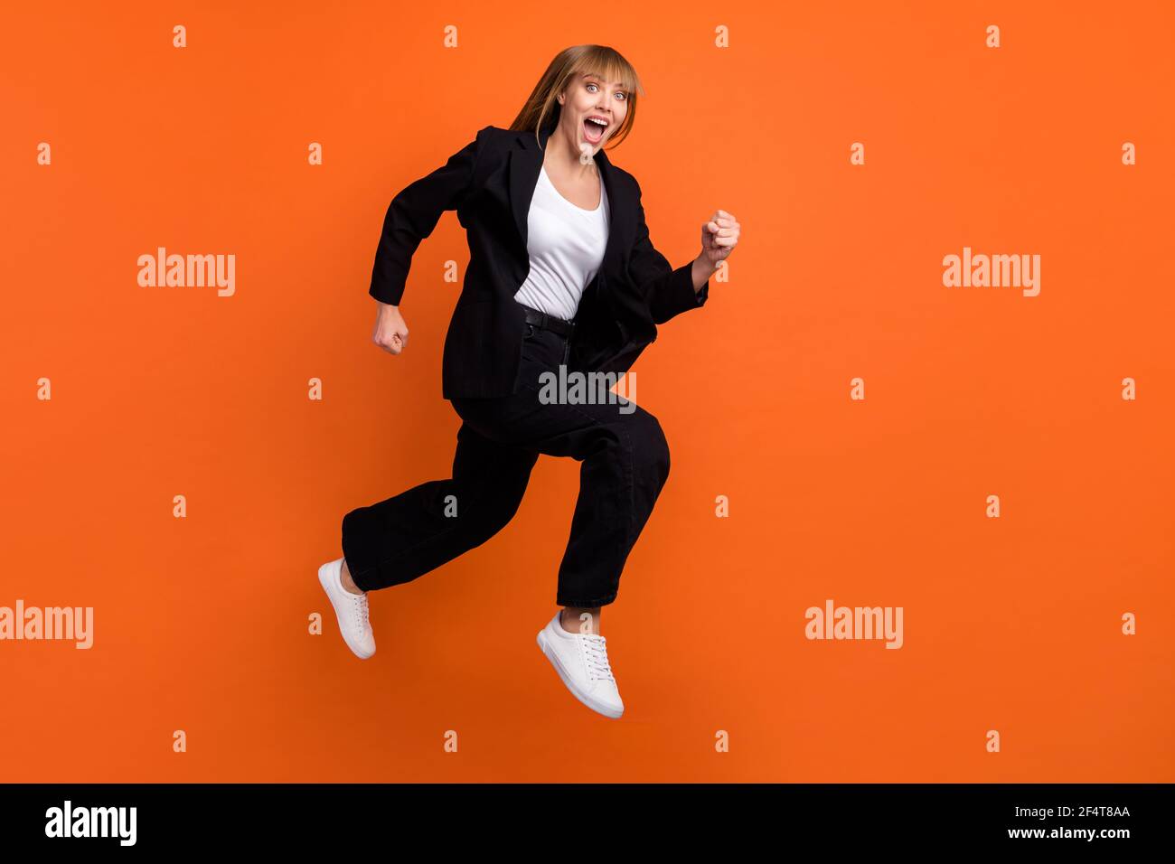 Full size profile side photo of happy excited smiling good mood girl ...