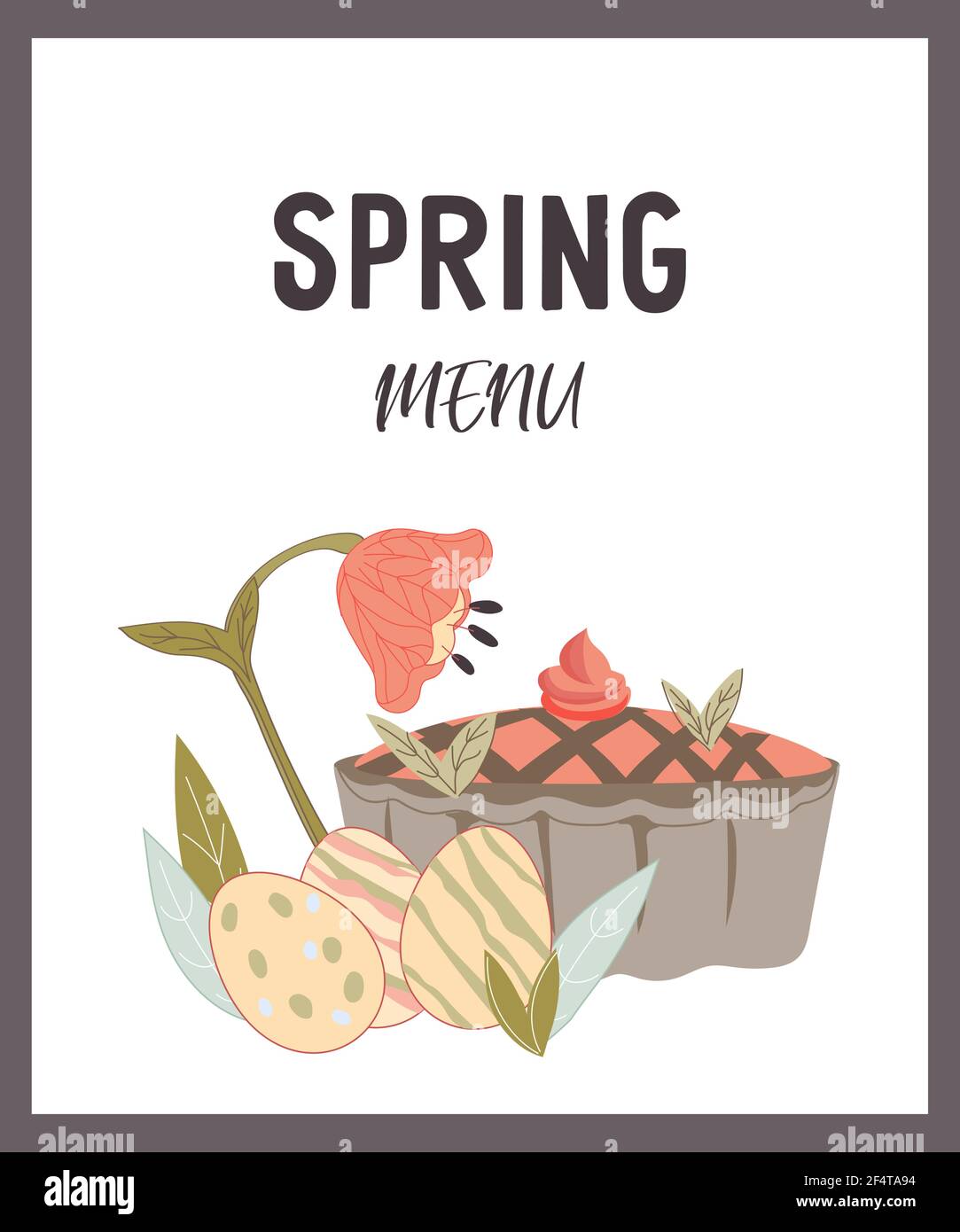 Spring menu card or banner backdrop with colored eggs, cake and spring ...