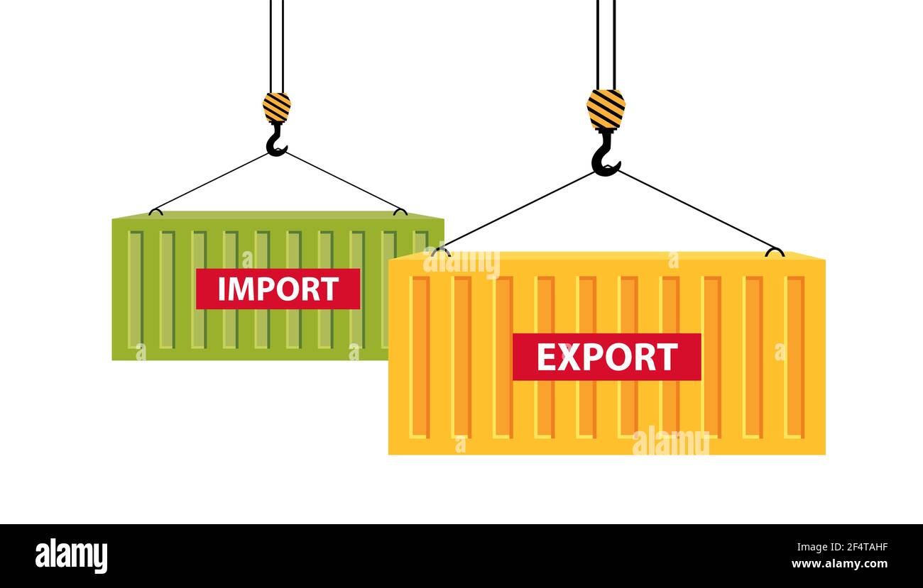 Port crane lift two cargo containers with words import and export ...