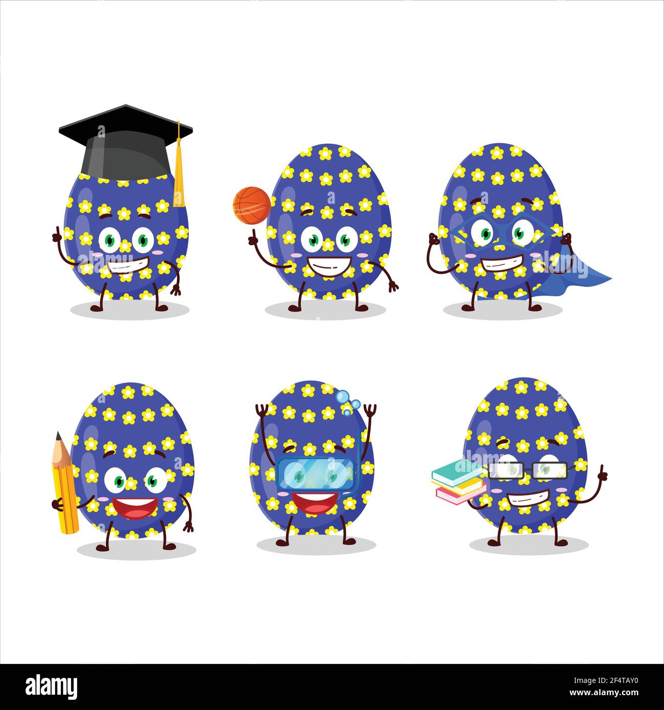 School student of dark blue easter egg cartoon character with various ...