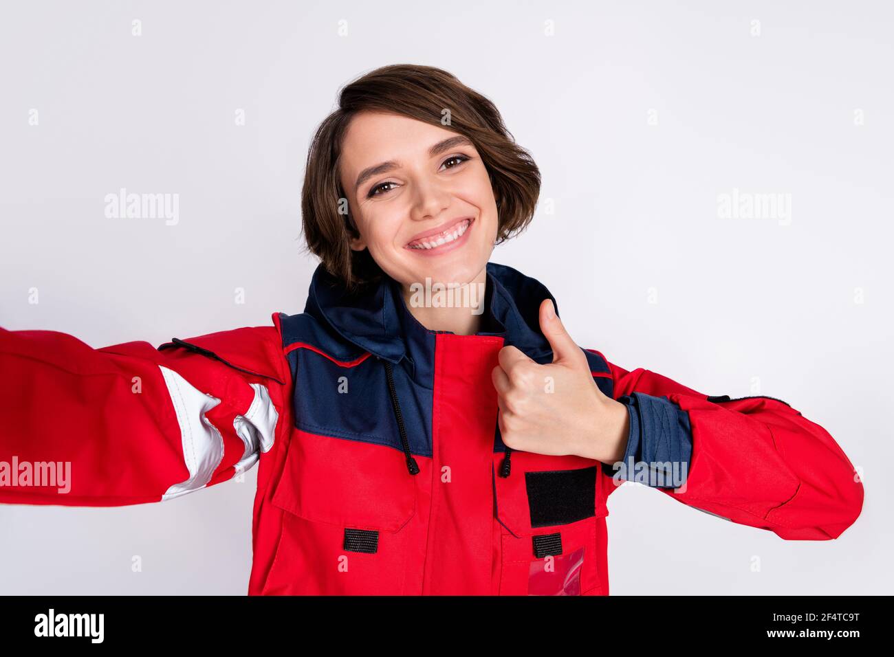 Photo of optimistic nice brunette lady do selfie show thumb up wear ...
