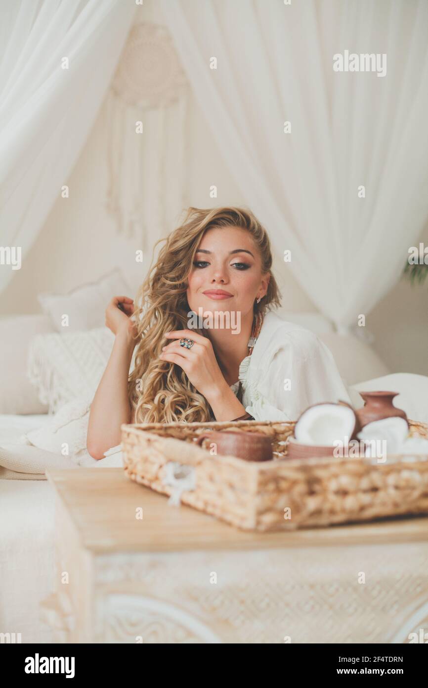 Cute woman in hotel room at a tropical resort Stock Photo - Alamy