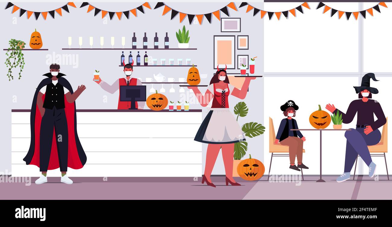 happy halloween holiday celebration concept waitress in costume serving ...