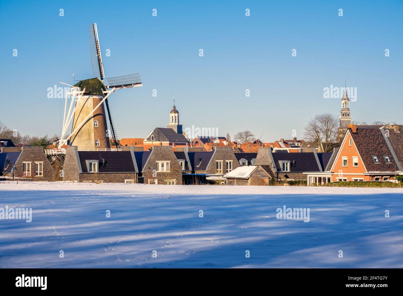 Dutch winter landscape near the village of Ootmarsum. The flour mill ...