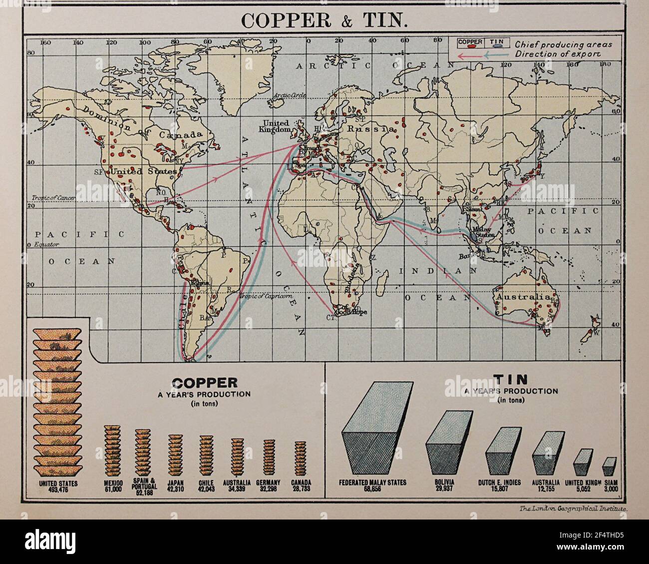 World map from 'Philip's Chamber of Commerce Atlas', 1912, showing ...