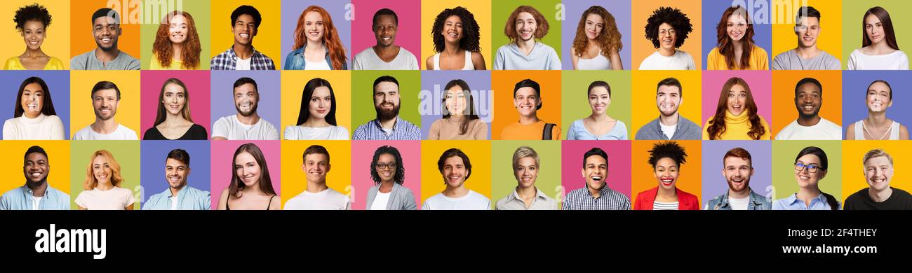 Collection Of Smiling Mixed People Smiling Over Colorful Backgrounds ...