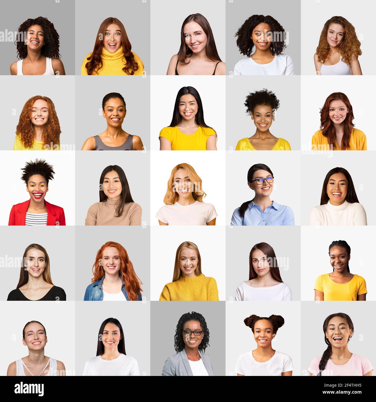 Happy Female Portraits Collage Over White And Gray Backgrounds Stock ...