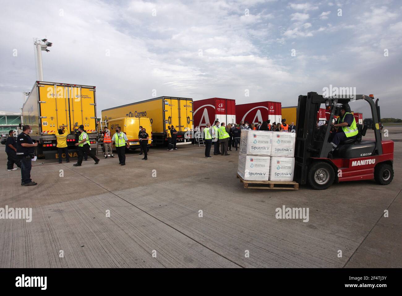 Container trucks of vaccine seen during the arrival of the Sputnik V ...