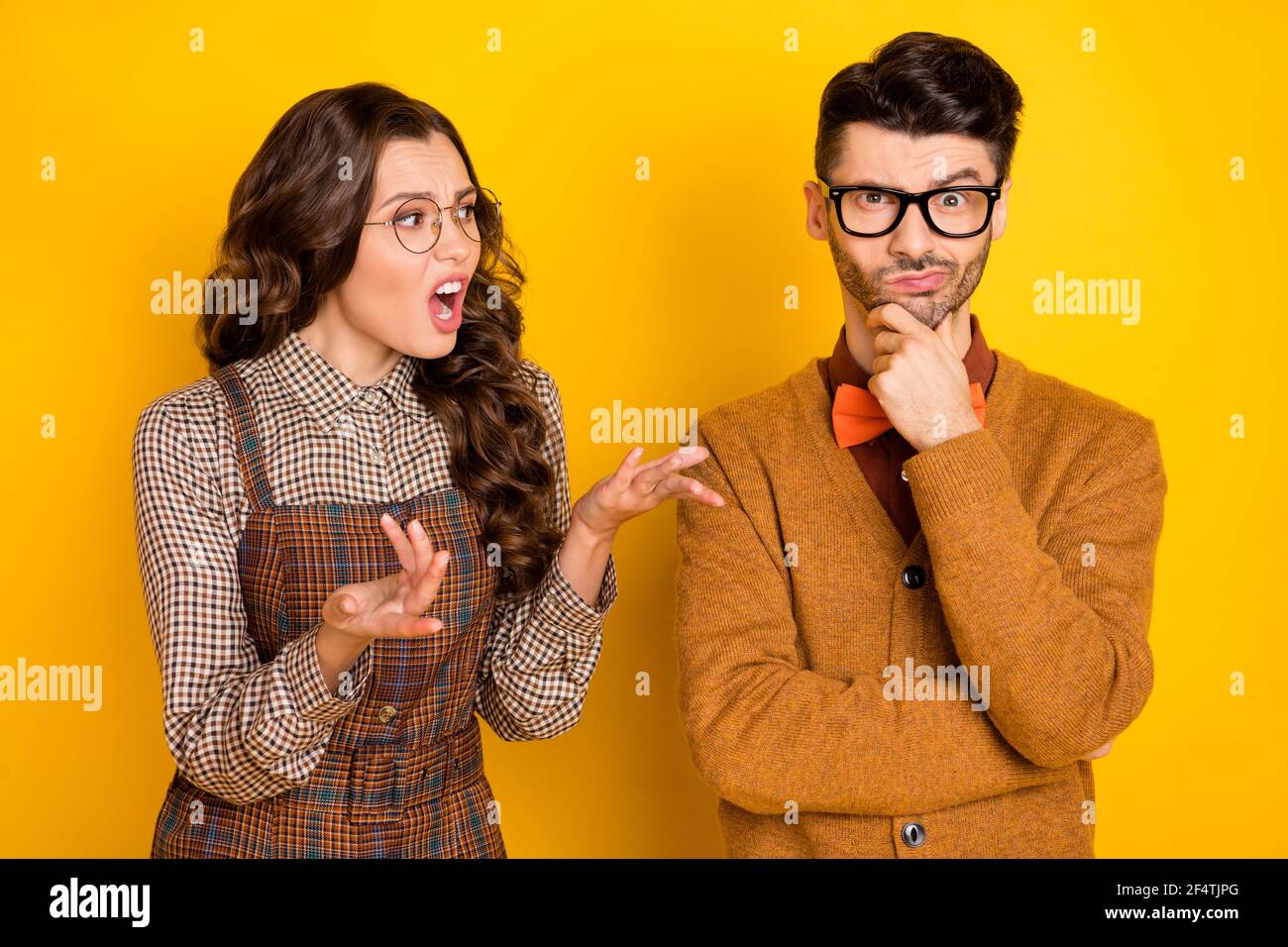 Portrait of attractive couple having fight girl yelling breaking up ...