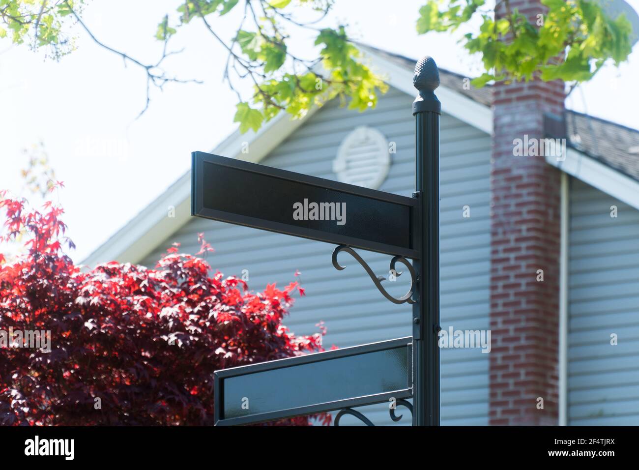 Blank road signs on a neighborhood street corner to provide direction ...