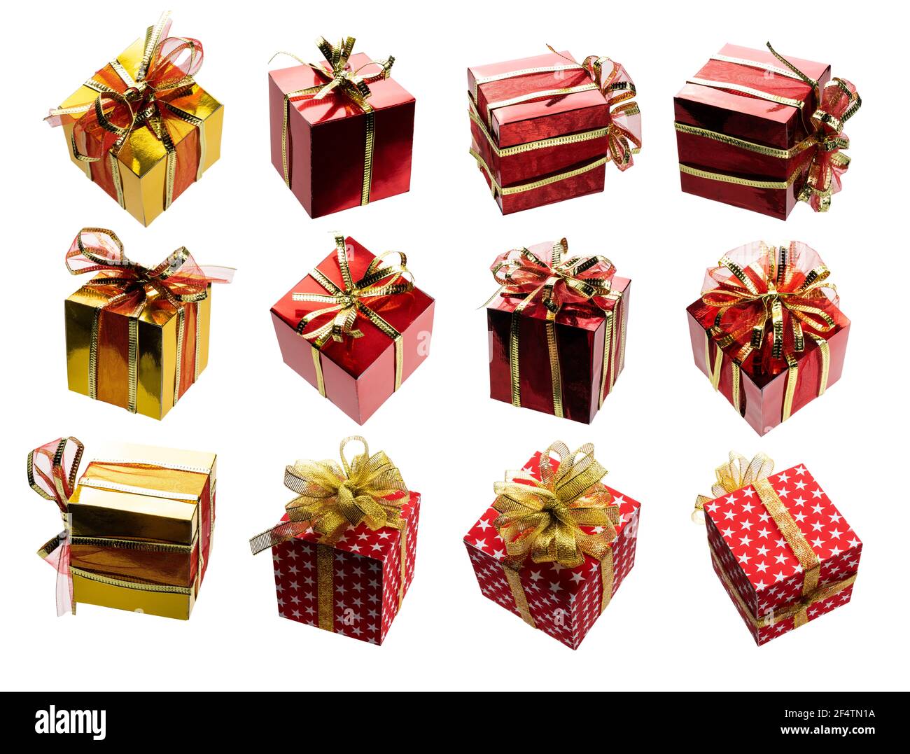 A set of different angles of red and gold gift boxes on a white ...