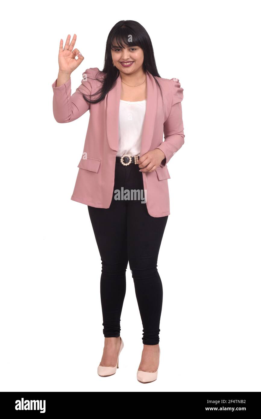 Woman with ok sing on white background Stock Photo - Alamy