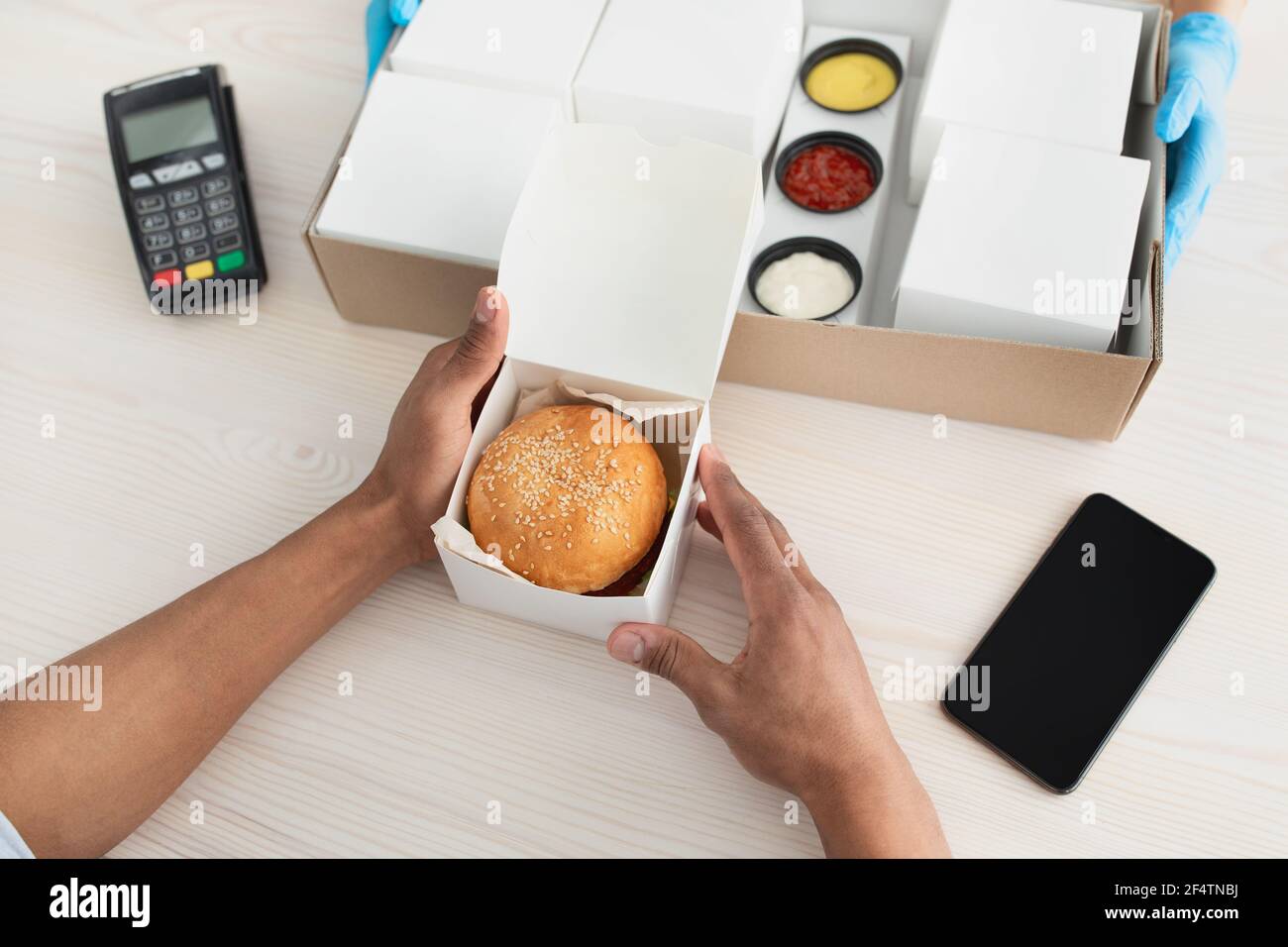 Modern fast food delivery during COVID-19, delicious food and lunch at ...