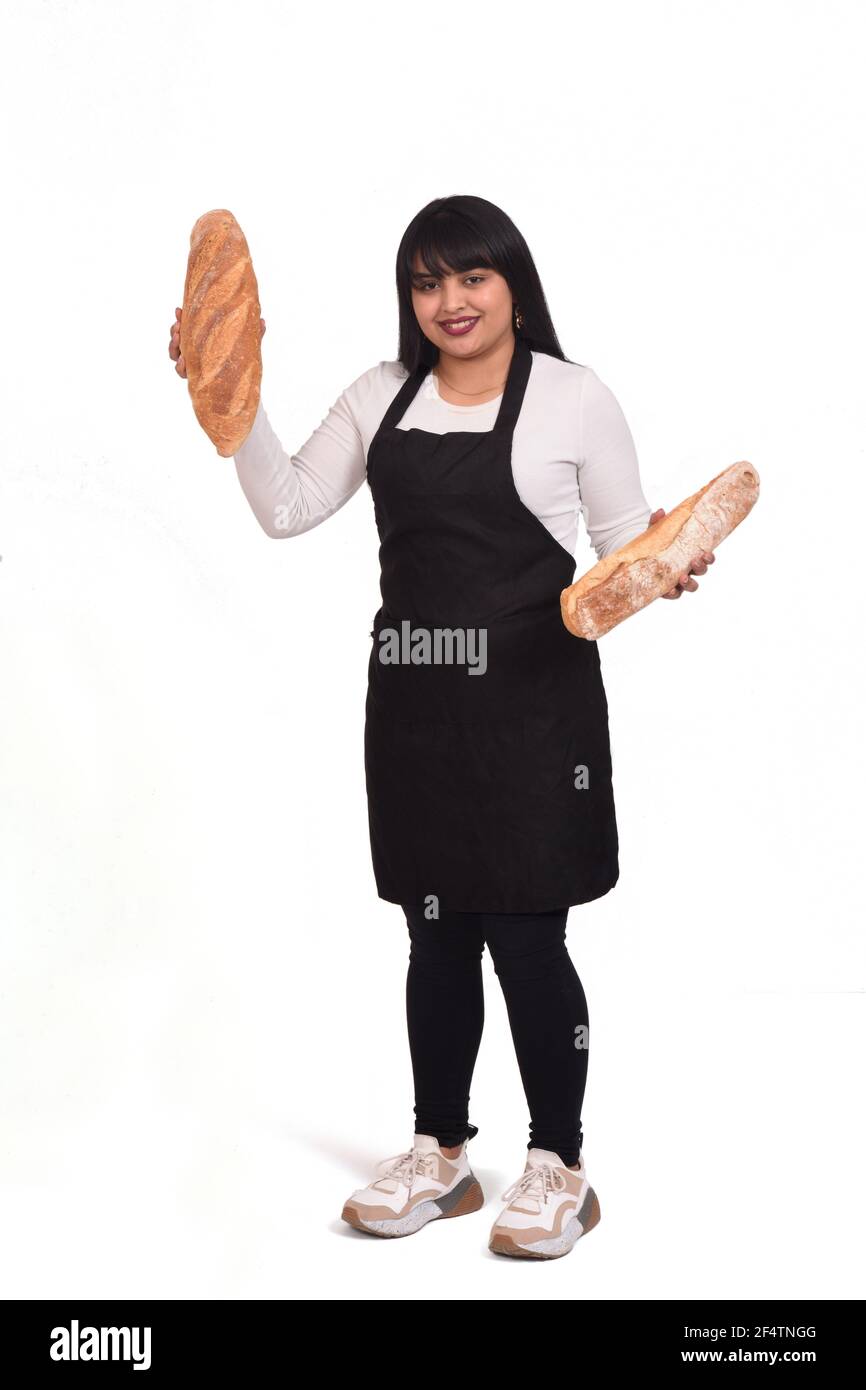 full portrait of a baker showing bread on white background Stock Photo ...