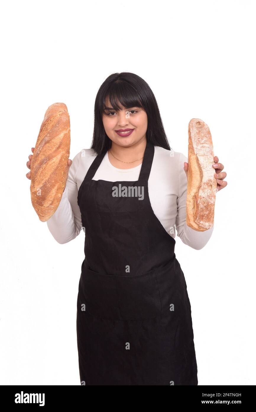 portrait of a baker showing bread on white background Stock Photo - Alamy