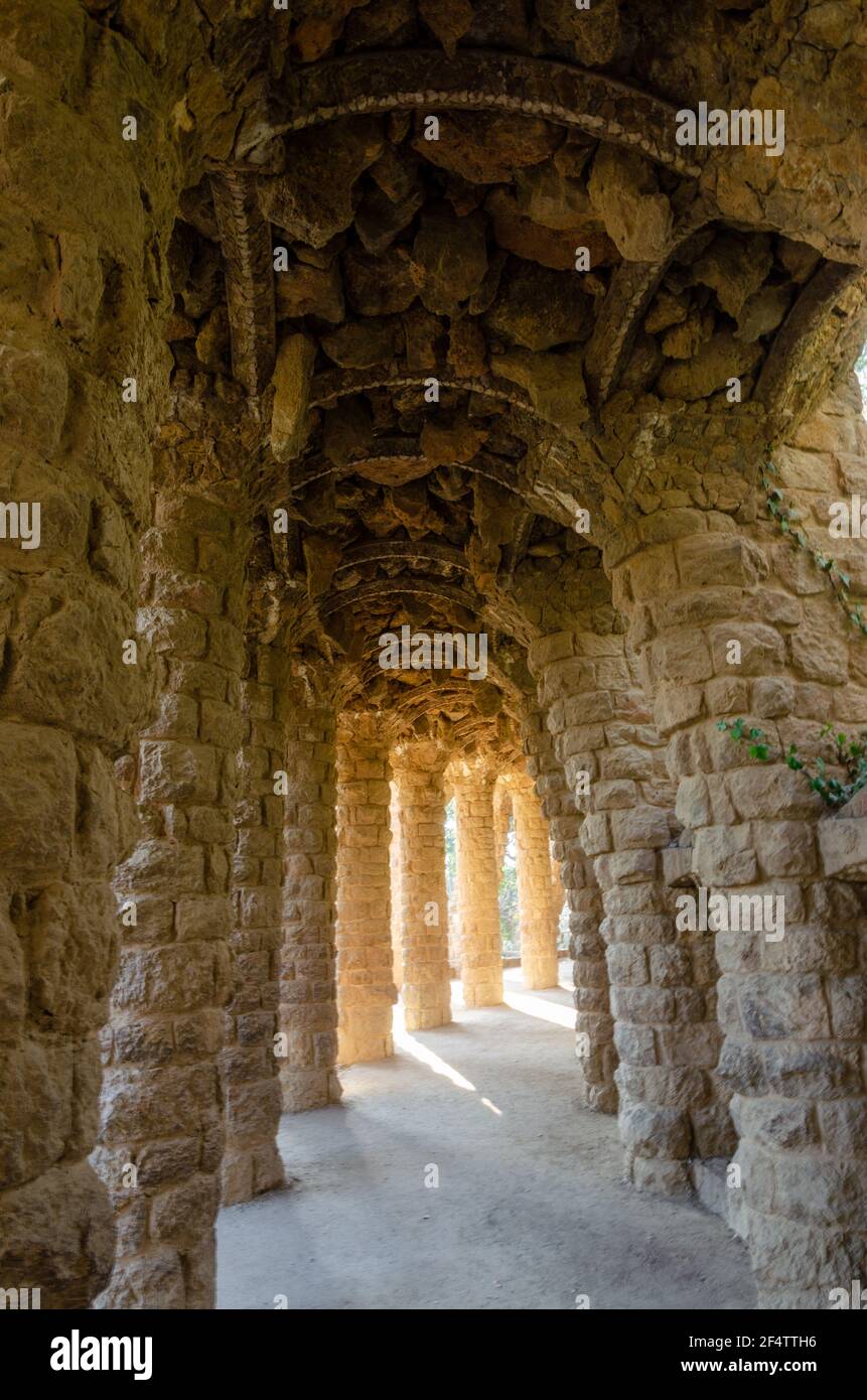 Arcade Of Stone Columns Designed By Antoni Gaudi. Park Guell In ...