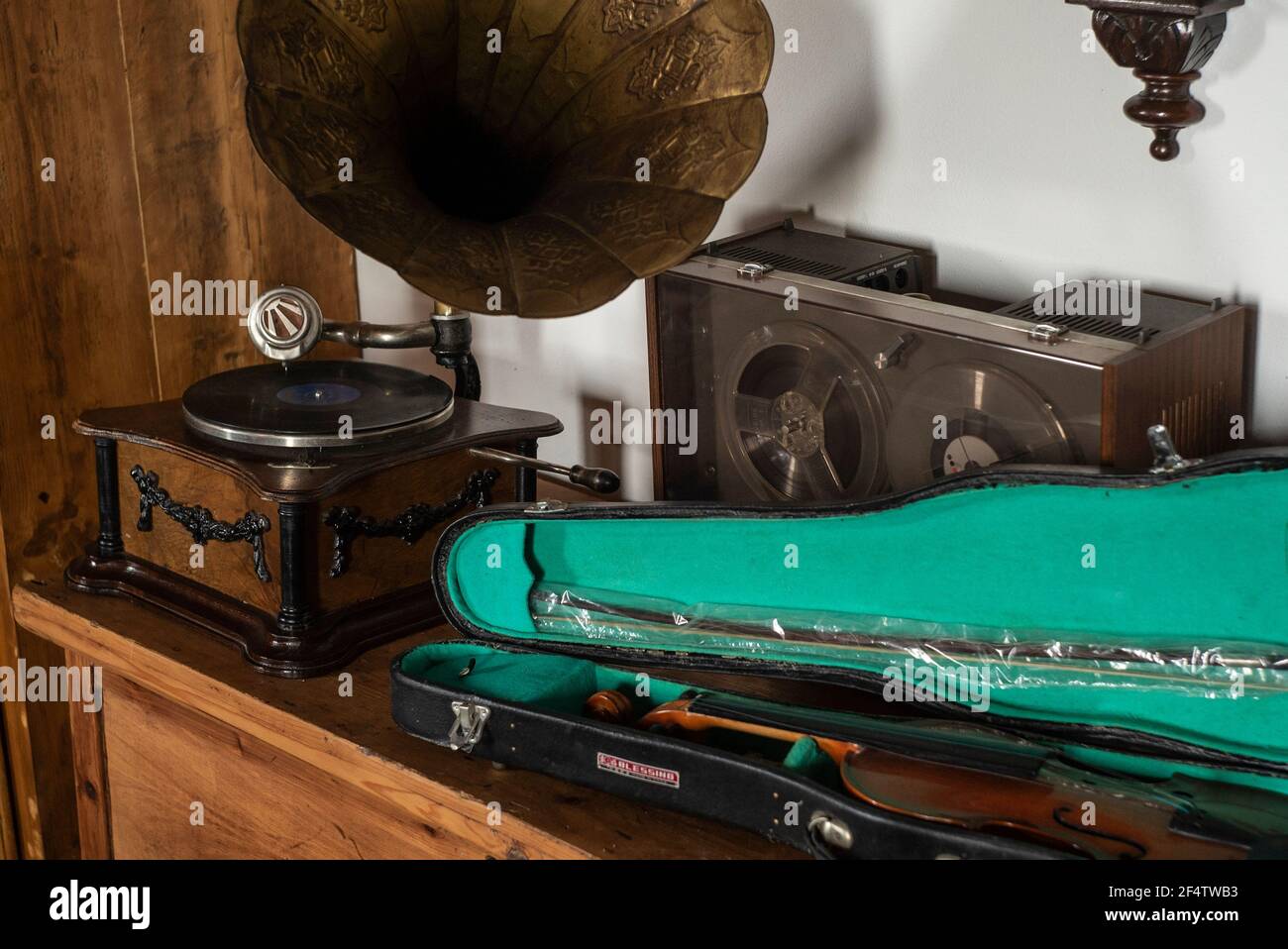Vintage music expression with Detail of a Gramophone while a record is ...