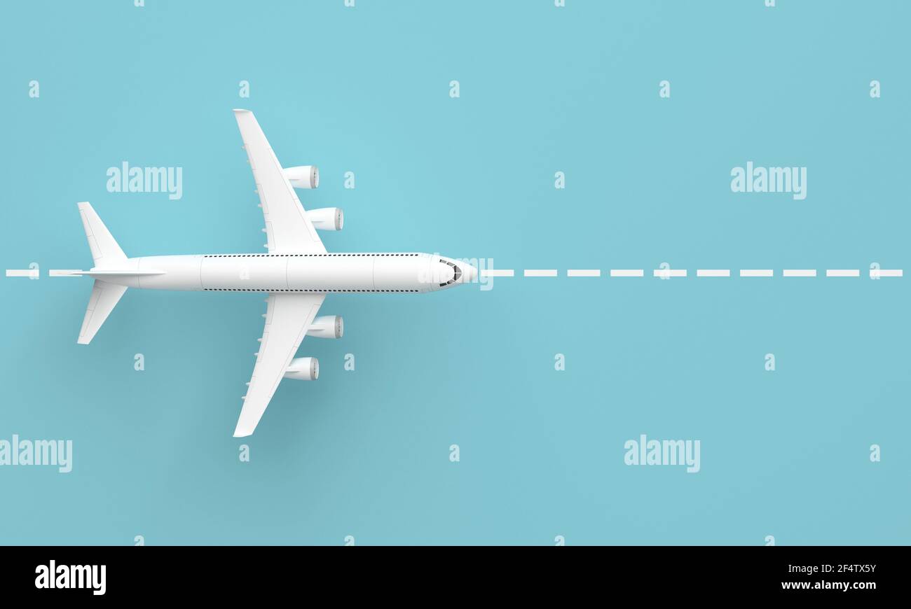 Plane on the runway. Top view and blue background. Minimal idea concept ...