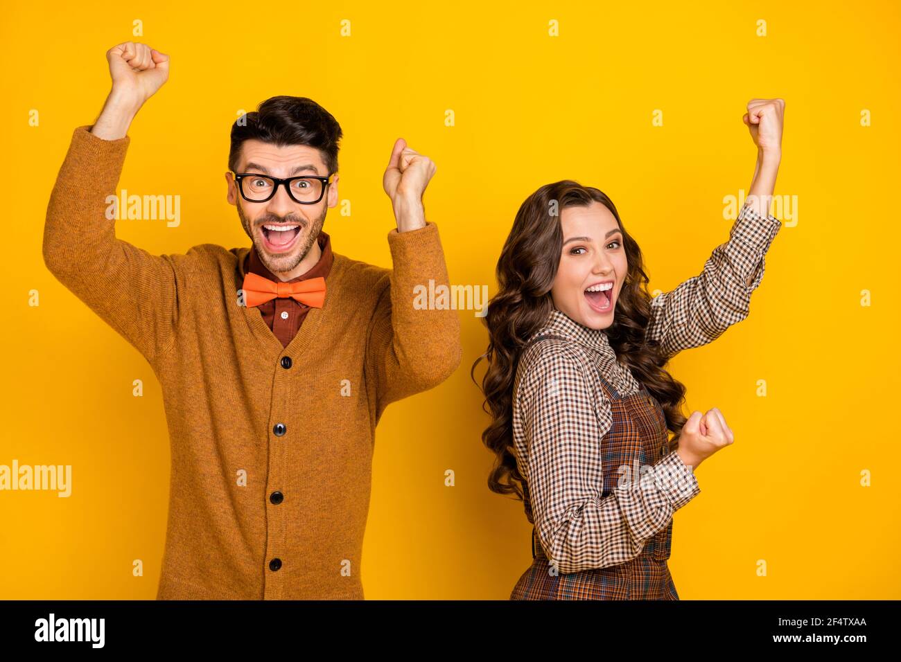 Photo of happy charming triumphant man and woman success lucky winner ...