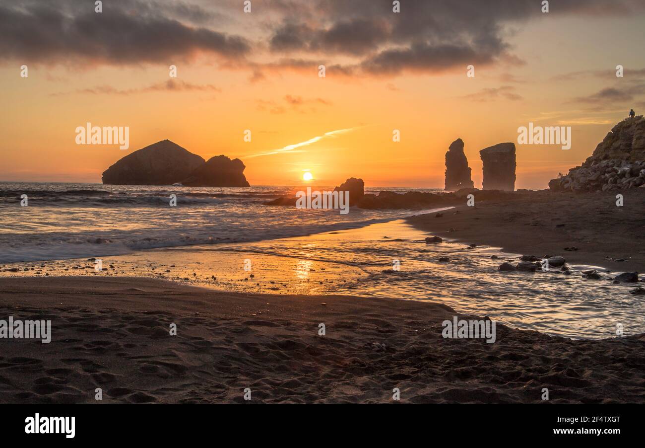 Sunset, in Mosteiros Beach, São Miguel Island, Azores, Portugal Stock ...