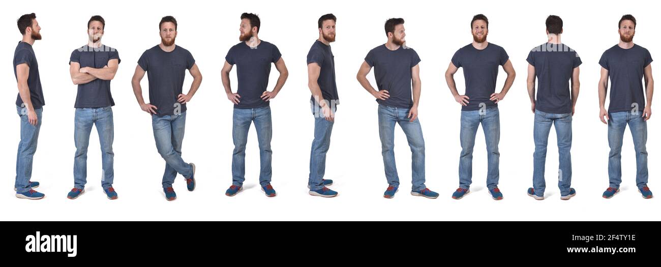 the same man in various poses with t-shirt on white background Stock ...