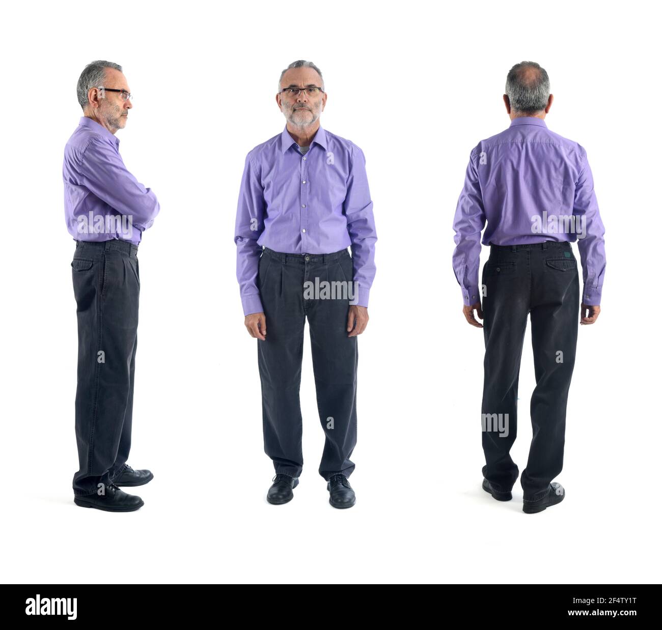 front, back and side view of same man on white background Stock Photo ...