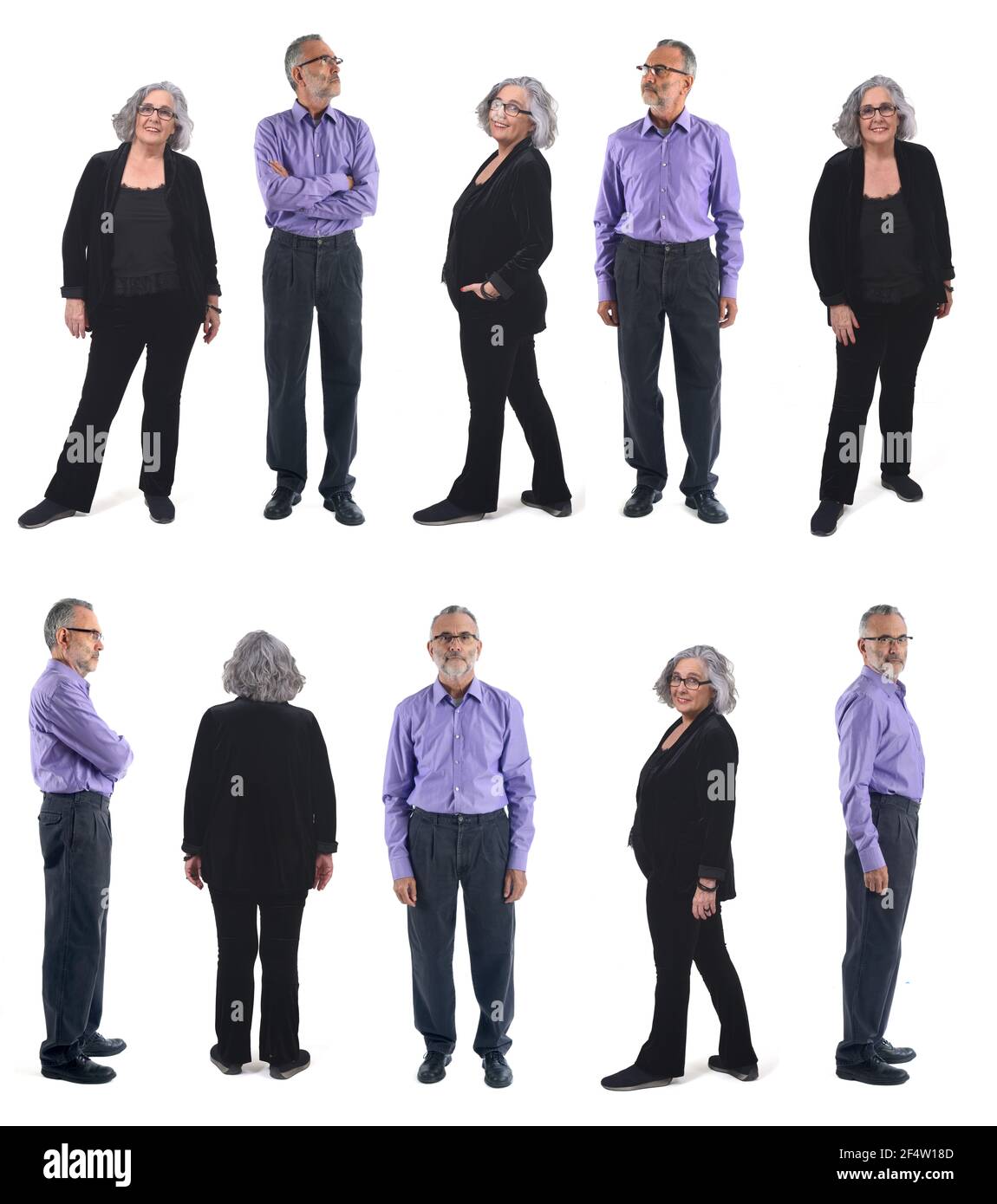 the same woman and the same man with different poses on white ...