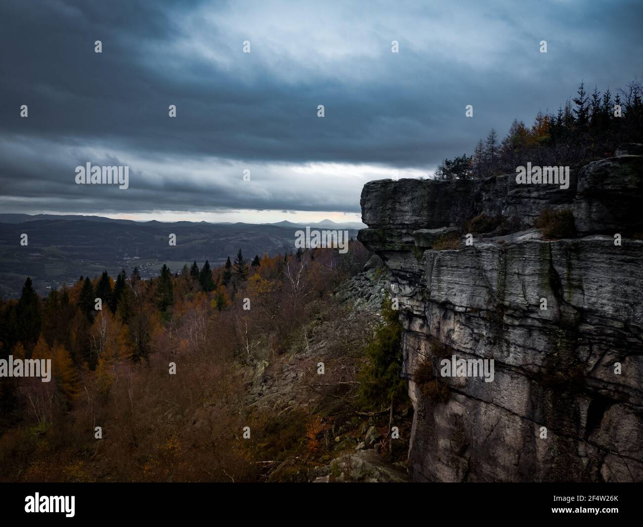 Amazing dark scenery and view to the deep valleys from top of mountains ...