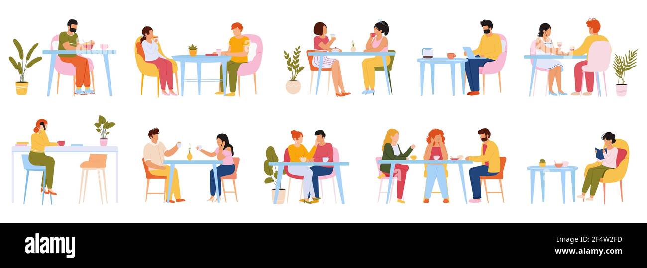 Eating people. Men and women eating meal in cafeteria, at home or ...