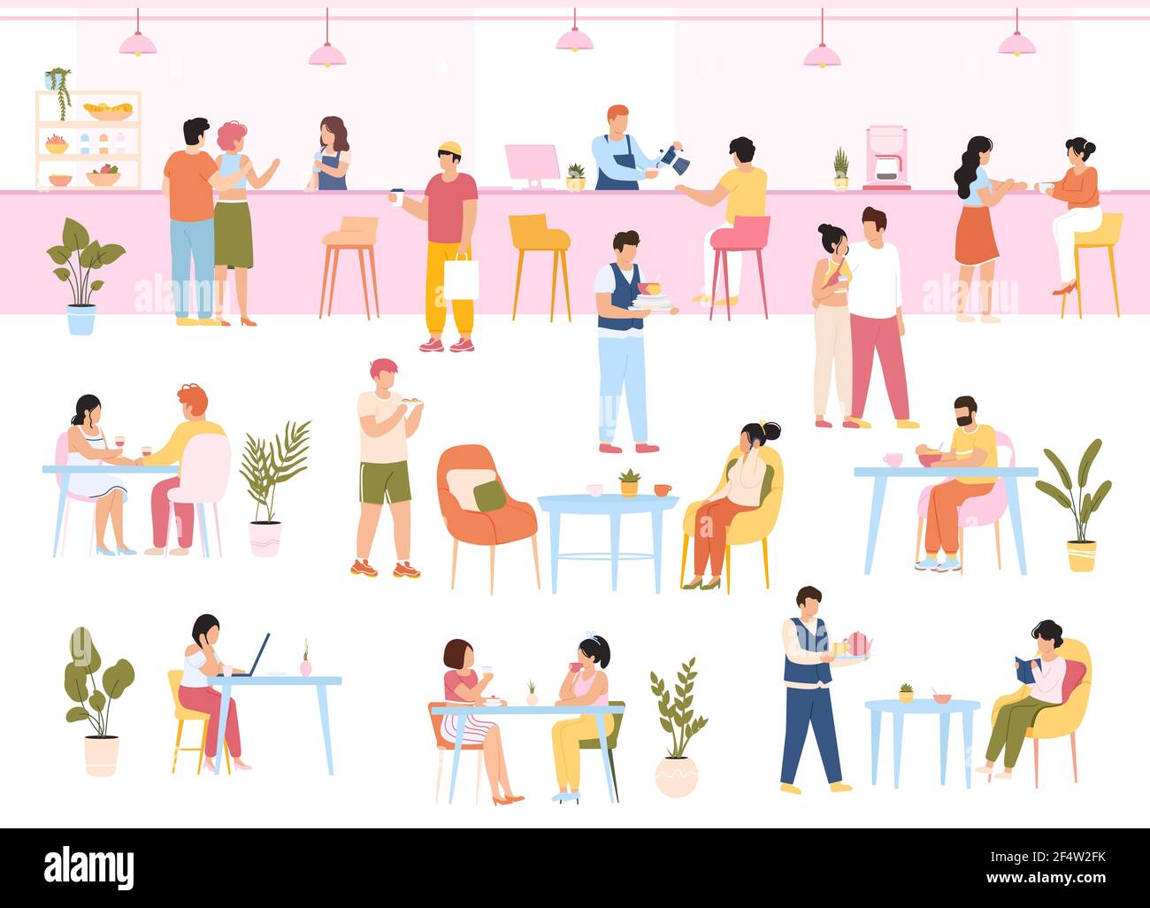 Characters in food court. People eating meal in cafe buffet, men and ...