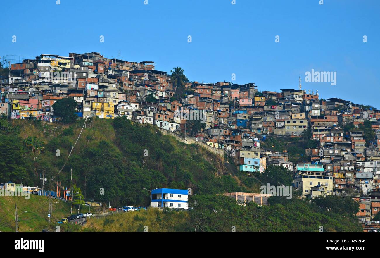 Landscape with panoramic view of the favela Rocinha in Rio de Janeiro ...
