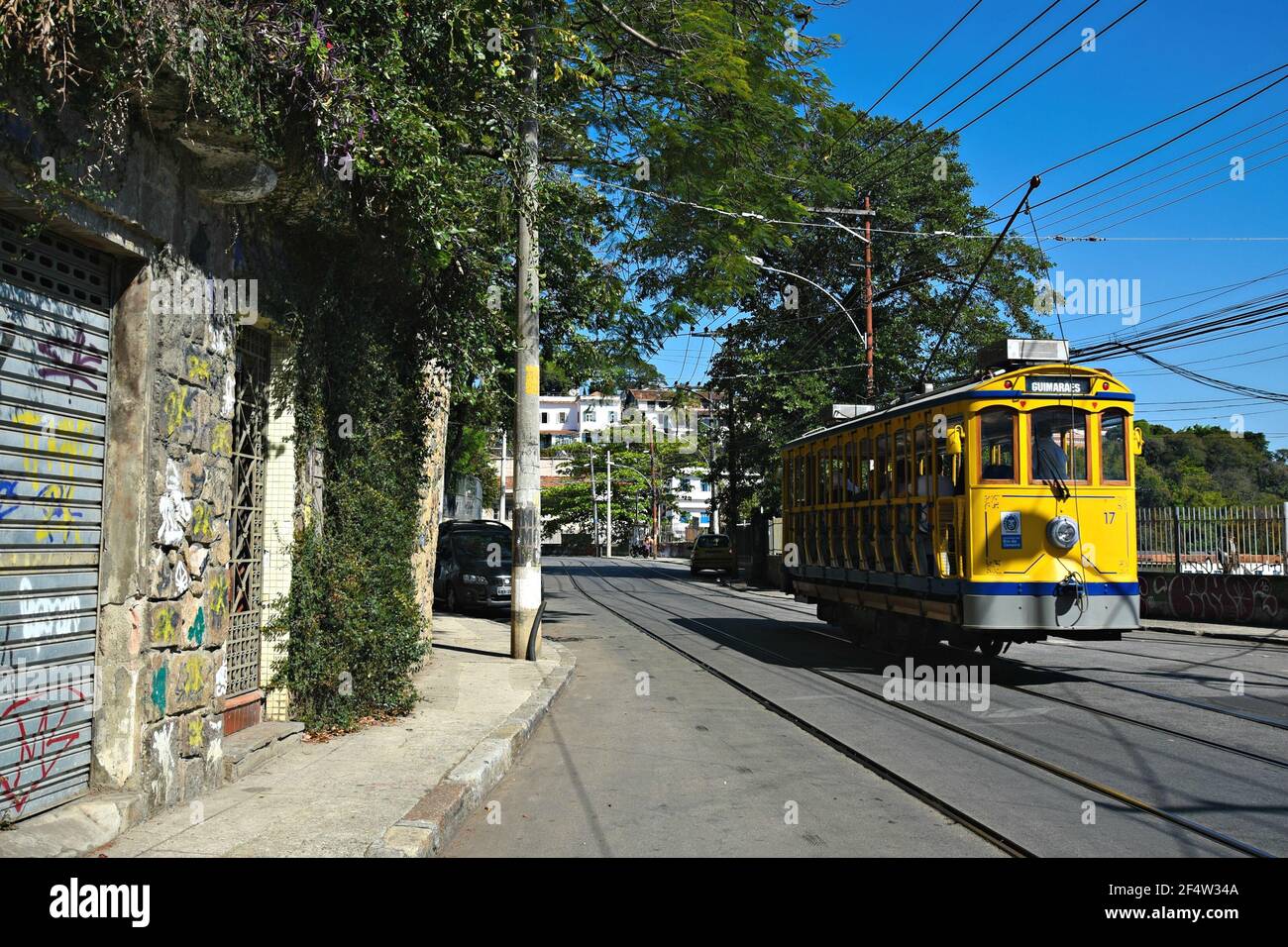 Landscape with scenic view of the historic yellow tram Bonde de Santa ...
